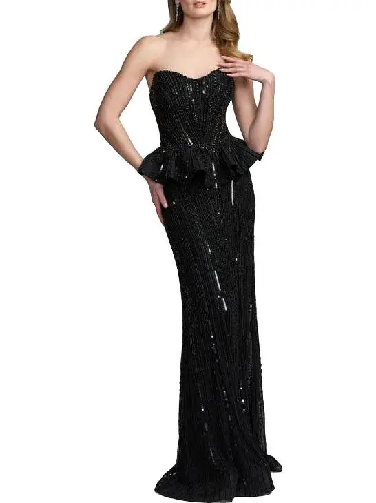 Mac Duggal Strapless Embellished Peplum Gown - Black