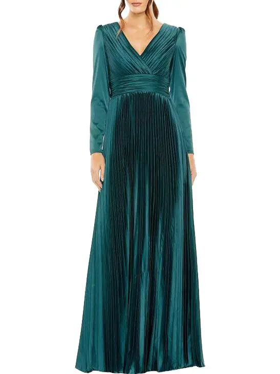 Mac Duggal Long Sleeve Faux Wrap Pleated Satin Gown - Ocean