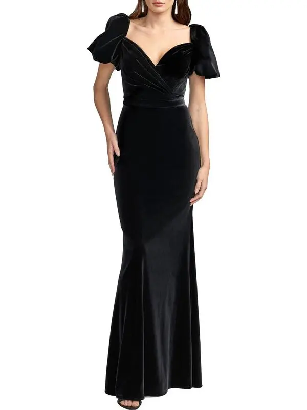 Mac Duggal Velvet Sweetheart Neck Puff Sleeve Mermaid Gown - Black