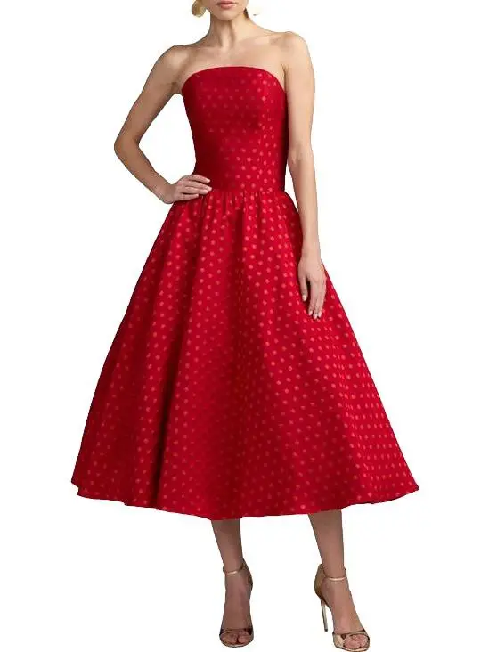 Mac Duggal Strapless Dropwaist Polka Dot Brocade Midi Dress - Red Multi
