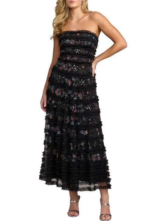Mac Duggal Strapless Micro Ruffle Midi Dress - Black Multi