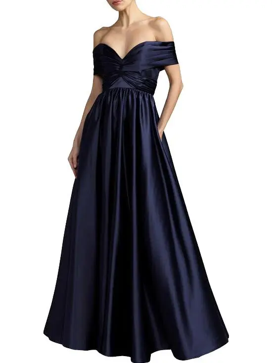 Mac Duggal Satin Off The Shoulder Twist Evening Ball Gown - Midnight