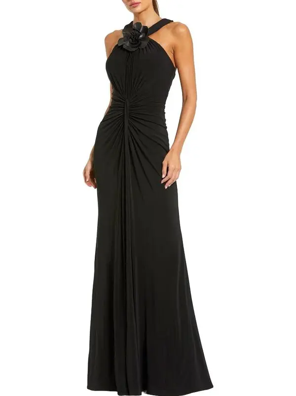 Mac Duggal Jersey Halter Gown With Floral Appliqu - Black