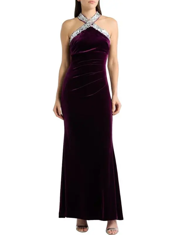 Eliza J Rhinestone Detail Velvet Sheath Gown - Plum