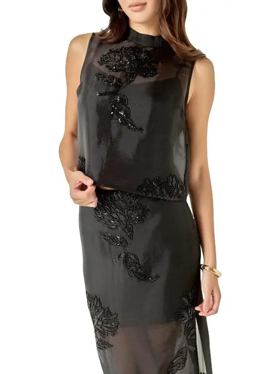 English Factory Beaded Sheer Mock Neck Top - Black