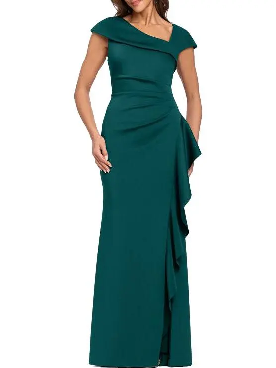 XSCAPE EVENINGS Asymmetric Neck Scuba Knit Trumpet Gown - Hunter