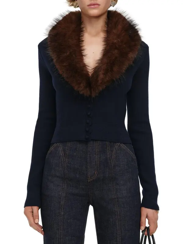 SELF-PORTRAIT Cardigan In Maglia Con Eco-pellicca - Blu