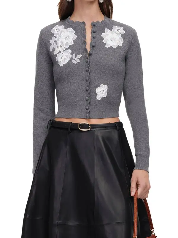 SELF-PORTRAIT Cardigan In Maglia Con Motivi Floreali In Pizzo - Grey