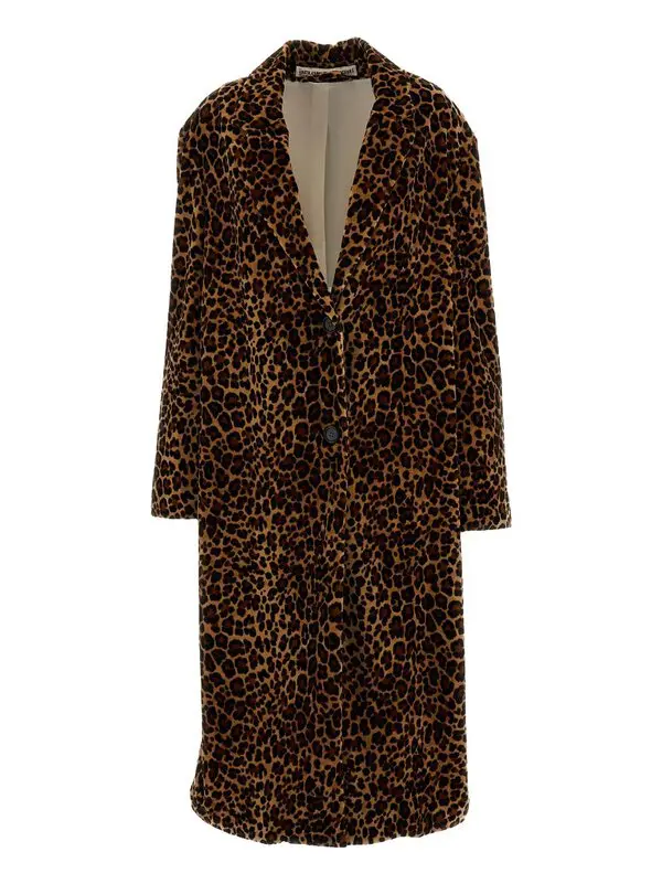 META CAMPANIA COLLECTIVE Cappotto Lungo Monopetto Hugo In Velluto E Seta Leopardato - Marrone
