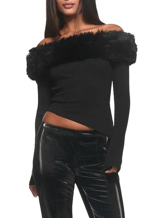 I.AM.GIA Cecily Off The Shoulder Rib Top With Faux Fur Collar - Black
