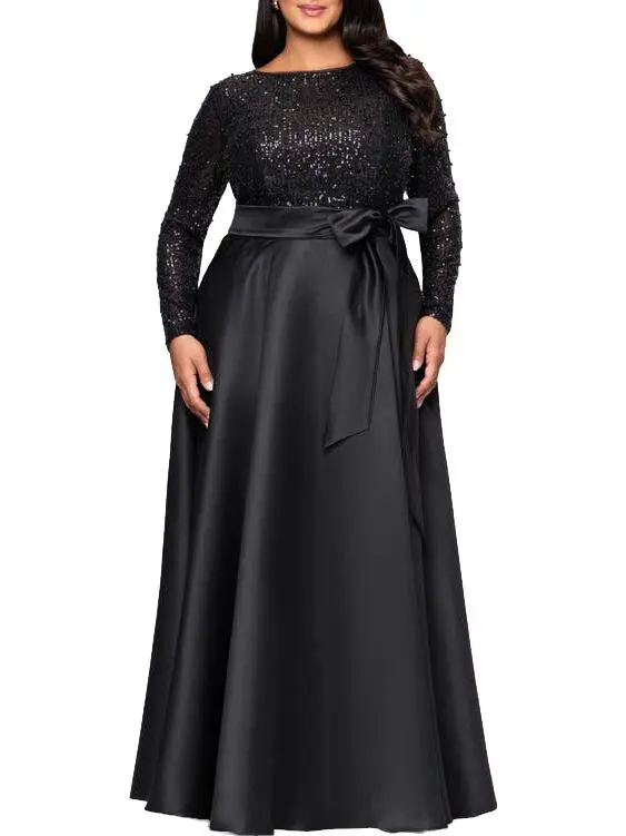 XSCAPE EVENINGS Sequin Bodice Long Sleeve Gown - Black