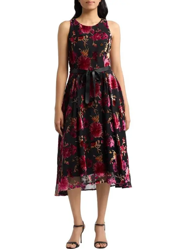 TAHARI ASL Tie Waist Burnout High/low Midi Dress - Black Multi