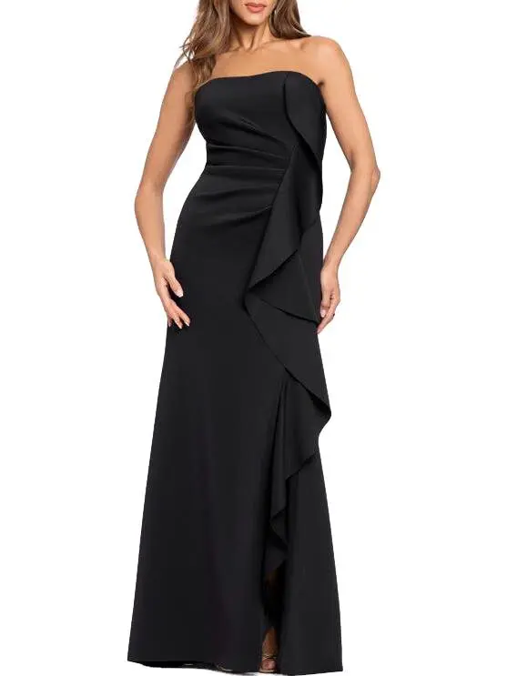 XSCAPE EVENINGS Ruffle Strapless Scuba Crepe Gown - Black