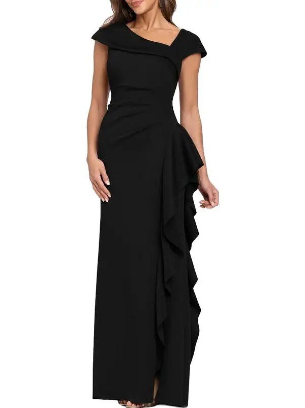 XSCAPE EVENINGS Asymmetric Neck Scuba Knit Trumpet Gown - Black