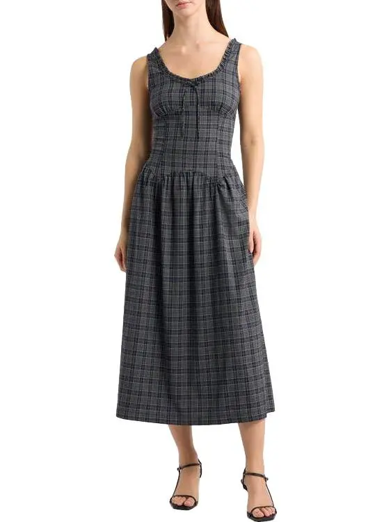 Moon River Drop Waist Sleeveless Midi Dress - Navy Multi