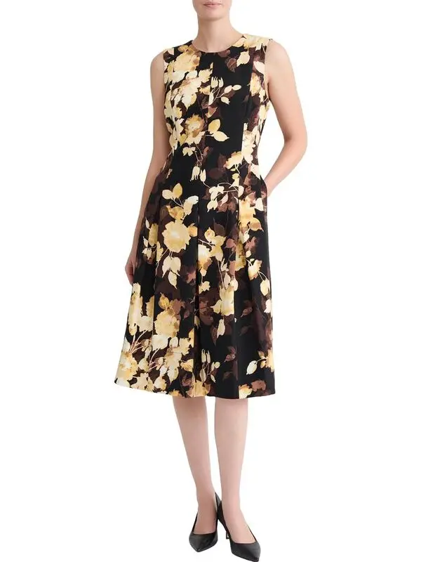 KASPER Princess Seam Box Pleat Midi Dress - Black Multi