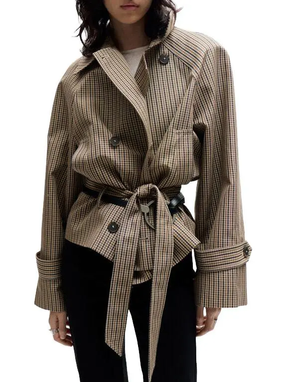 Mango Everest Plaid Belted Jacket - Beige