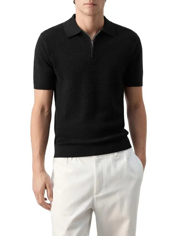 Mango Zip Cotton Knit Polo - Black