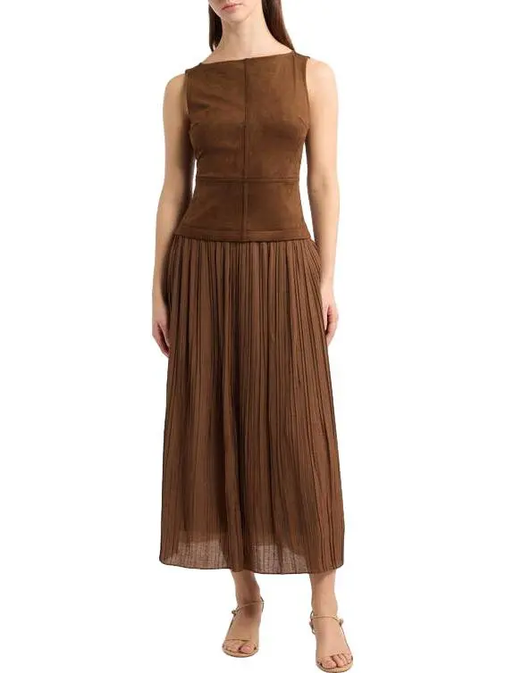 Moon River Sleeveless Faux Suede Mixed Media Midi Dress - Caramel