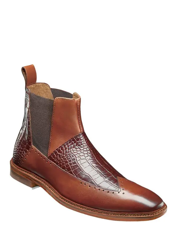 STACY ADAMS Garza Leather Wingtip Chelsea Boot - Cognac