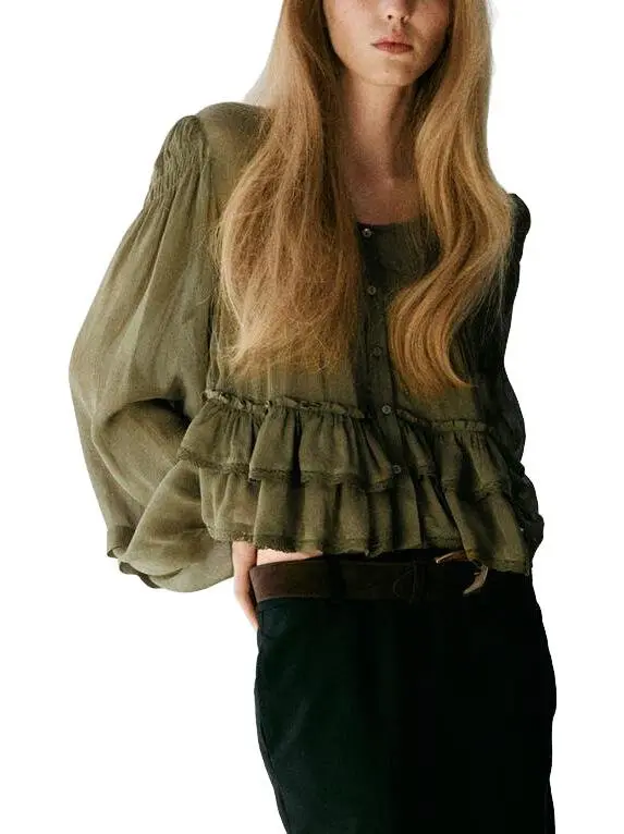 Mango Ruffled Lace Trim Top - Green