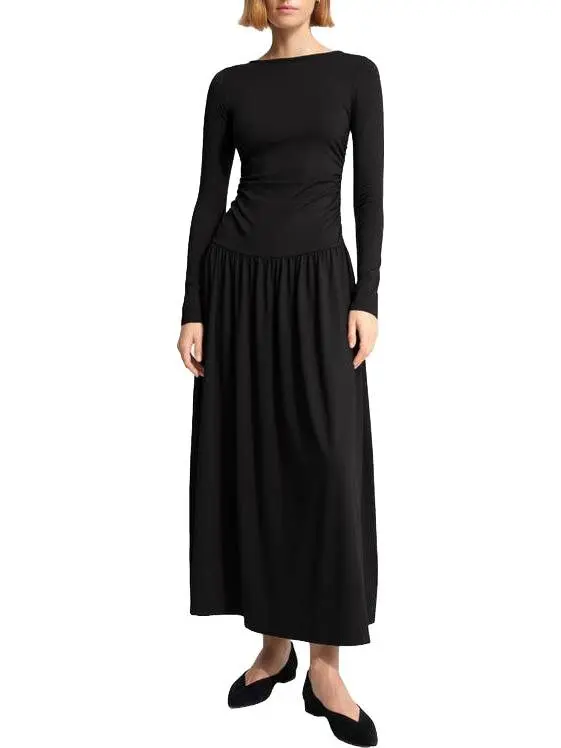 MARCELLA Lumi Ruched Drop Waist Midi Dress - Black