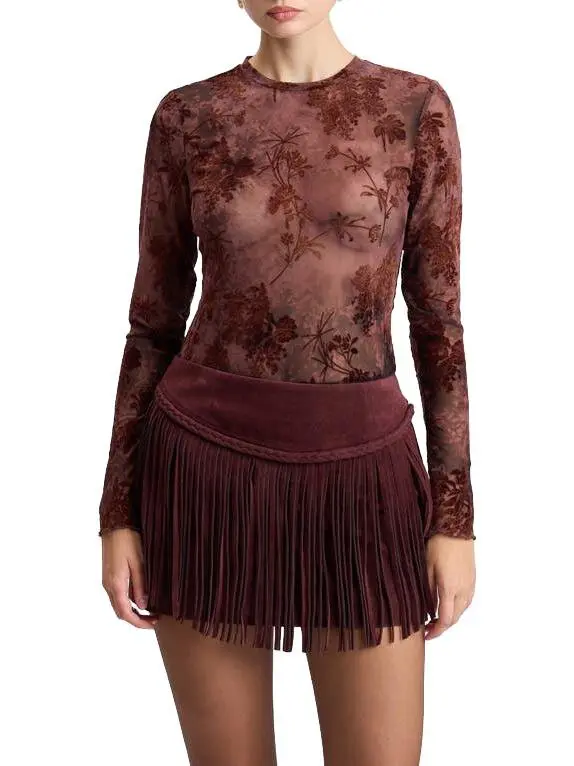 Avec Les Filles Floral Burnout Long Sleeve Shirt - Wine Multi