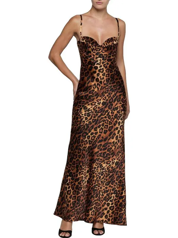 L'Agence Sayla Bias Cut Silk Maxi Dress - Tan Multi Javan Leopard
