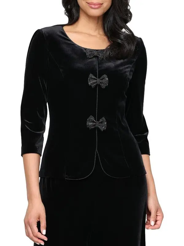 Alex Evenings Stretch Velvet Embellished Bow Top - Black