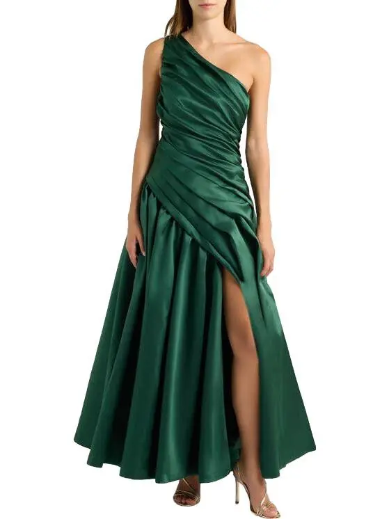 HUTCH Lisa Ruched One-shoulder Matte Satin Gown - Spruce