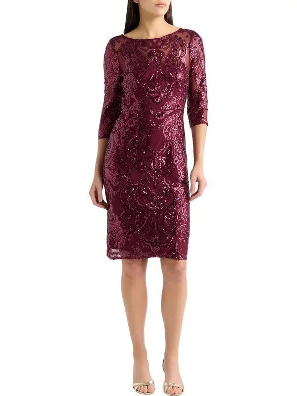 TAHARI ASL Beaded Cocktail Dress - Cranberry
