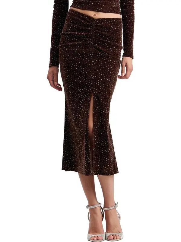 Avec Les Filles Crystal Embellished Velvet Midi Skirt - Brown