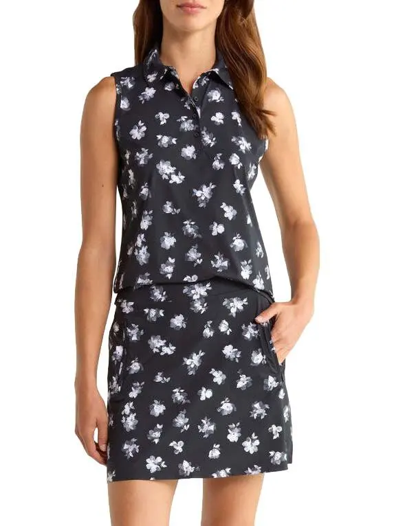 G/fore Moody Floral Silky Tech Performance Sleeveless Polo - Onyx
