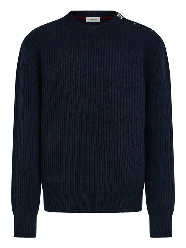 FERRAGAMO Rib Knit Crew Neck Sweater With Hug Buckle Detail - Blue