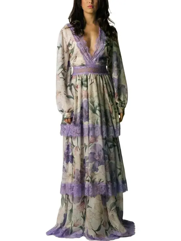 MIAU BY CLARA ROTESCU Elysia Lace-trimmed Floral-print Maxi Dress - Neutrals