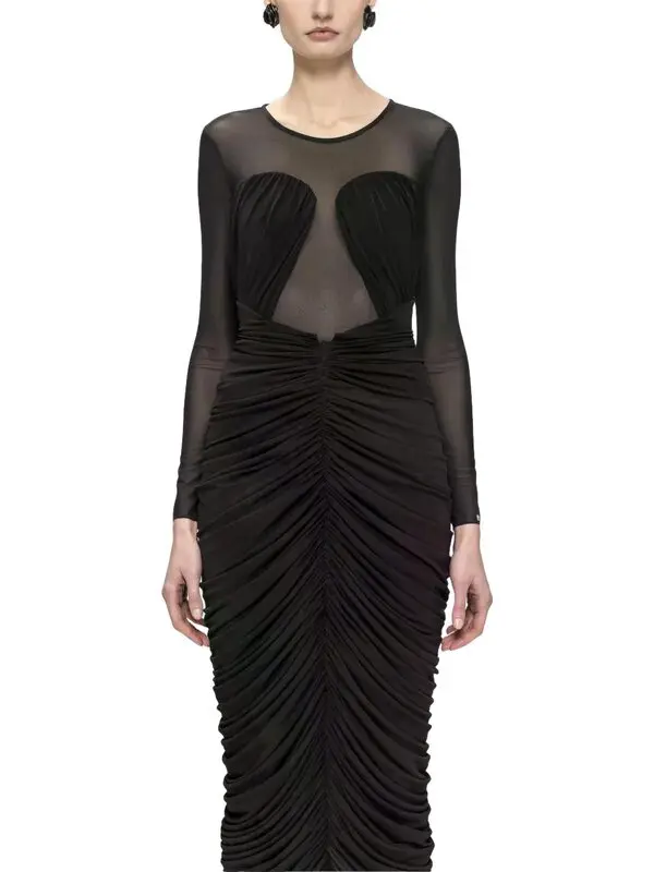 NISSA Draped Tulle Bodycon Midi Dress - Black