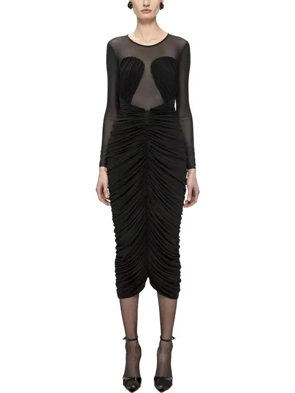 NISSA Draped Tulle Bodycon Midi Dress - Black