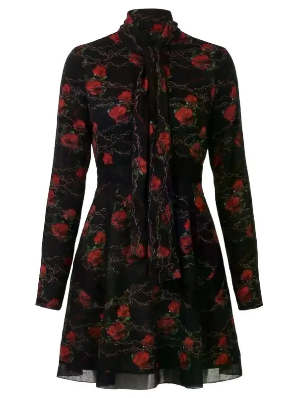 Valentino Garavani Floral-print Lace-trim Dress - Black
