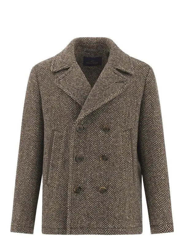 Paul & Shark Chevron Wool Peacoat With Alcantara® Details - Brown/beige Herringbone Pattern