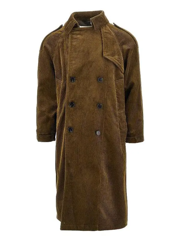 PALTO' Corduroy Double-breasted Long Coat - Khaki