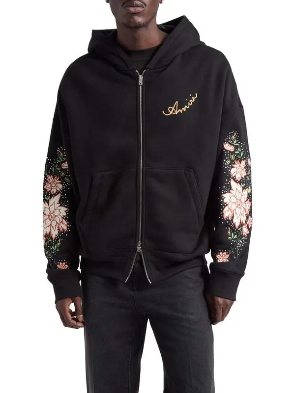 Amiri Oversize Crystal Embellished Floral Zip Hoodie - Black