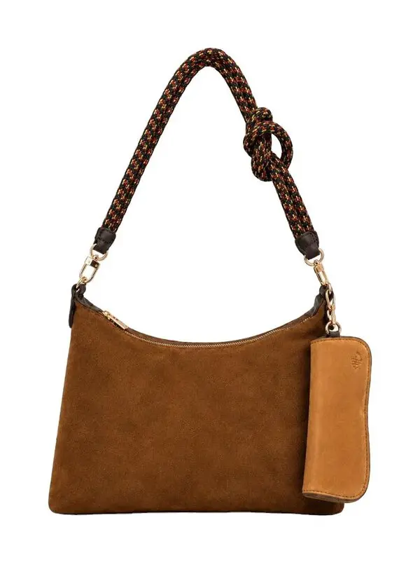 MINE BILGI Solara Suede Leather Shoulder Bag With Knot Handle & Charm - Camel-brown
