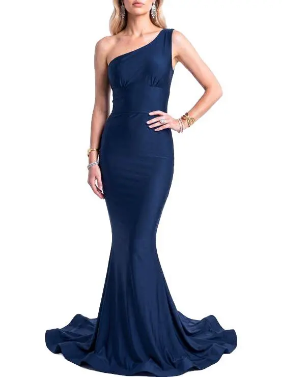 JESSICA ANGEL One-shoulder Tie-back Mermaid Evening Gown - Navy