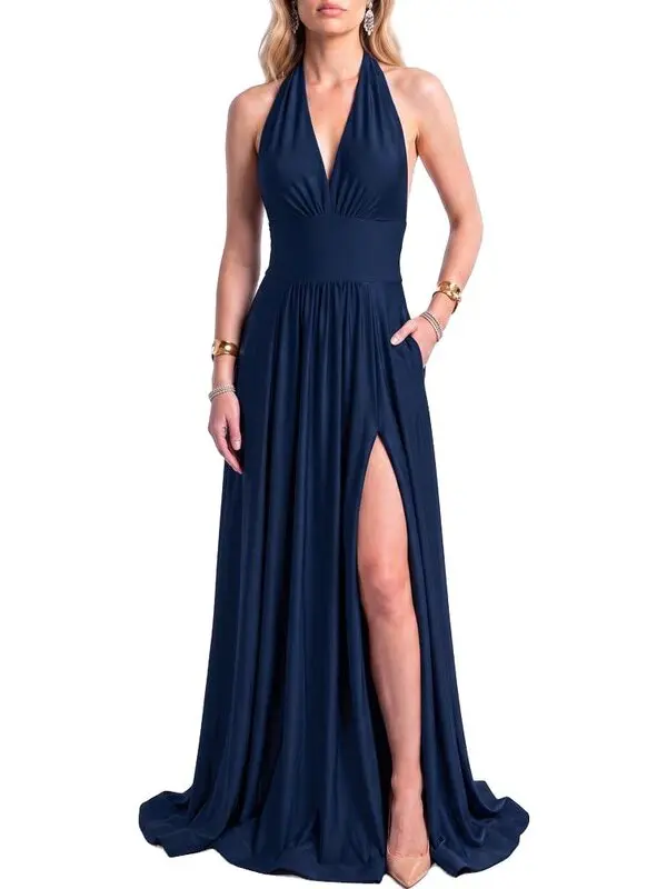 JESSICA ANGEL Halter Tie-back A-line Evening Gown - Navy