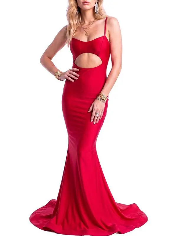 JESSICA ANGEL Cutout Lace-up Back Mermaid Evening Gown - Red