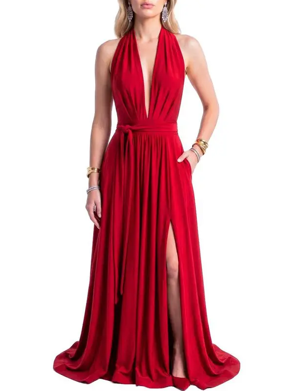 JESSICA ANGEL Infinite Convertible Halter Neck A-line Evening Gown - Red
