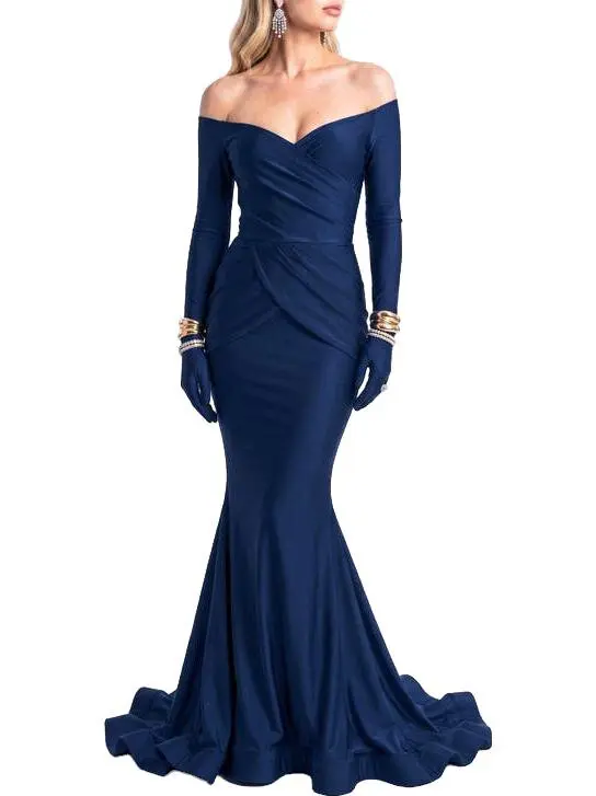 JESSICA ANGEL Off-the-shoulder Draped Long Sleeve Mermaid Evening Gown - Navy