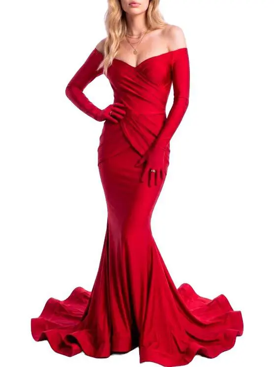 JESSICA ANGEL Off-the-shoulder Draped Long Sleeve Mermaid Evening Gown - Red