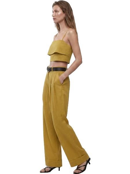 Koton High Rise Belted Straight Fit Linen Blend Tailored Pants - Khaki