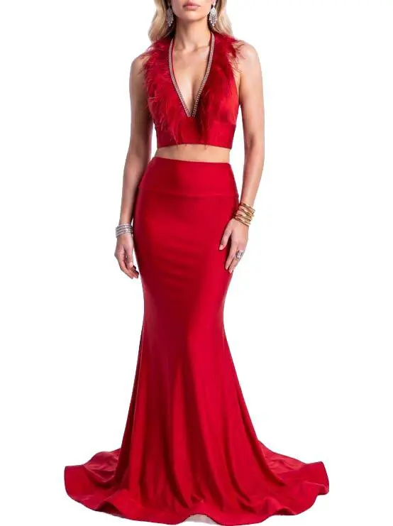 JESSICA ANGEL Feather-trim Two-piece Mermaid Evening Gown - Red